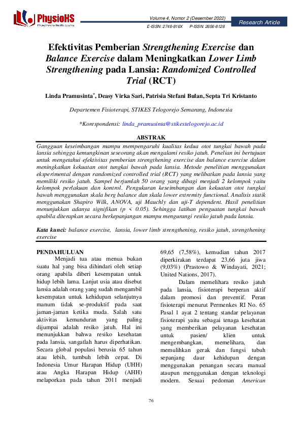 (PDF) Efektivitas Pemberian Strengthening Exercise dan Balance Exercise ...