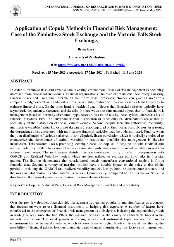 (PDF) APPLICATION OF COPULA METHODS IN FINANCIAL RISK MANAGEMENT: CASE OF THE ZIMBABWE STOCK ...