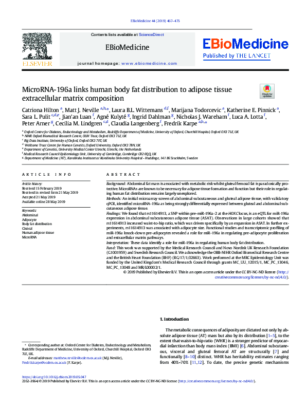 (PDF) MicroRNA-196a links human body fat distribution to adipose tissue ...