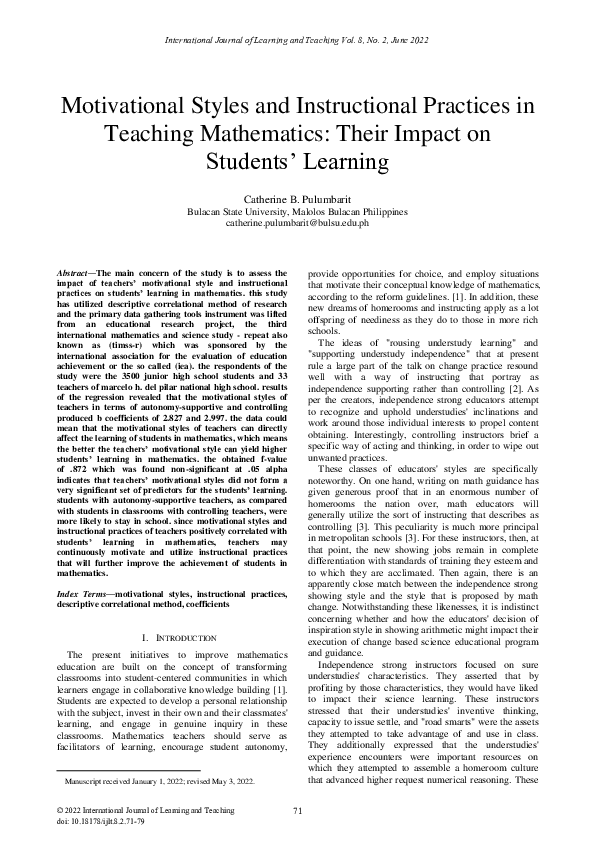 (PDF) Motivational Styles and Instructional Practices in Teaching ...