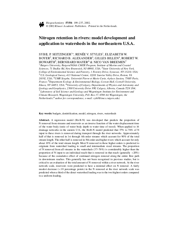 (PDF) Nitrogen retention in rivers: model development and application ...