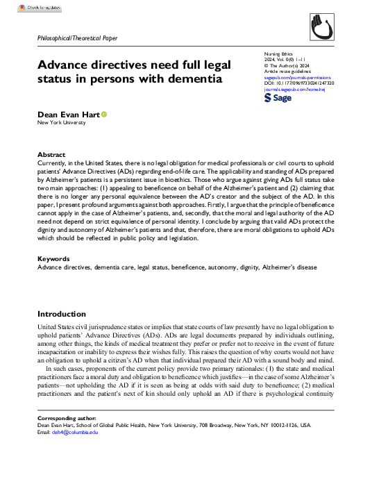 (PDF) Advance directives need full legal status in persons with dementia