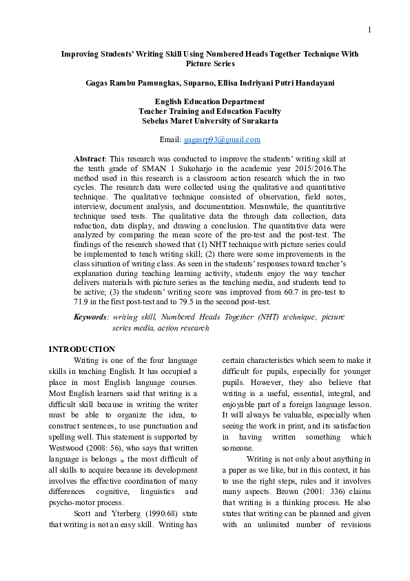 (PDF) Improving Students’ Writing Skill Using Numbered Heads Together Technique With Picture Series