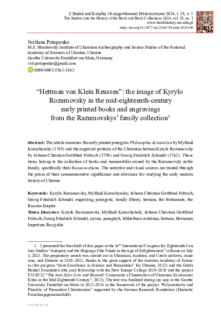 (PDF) “Hettman von Klein Reussen”: the image of Kyrylo Rozumovsky in ...