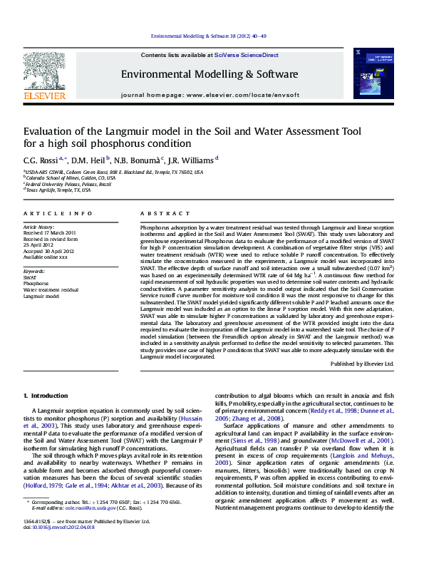 (PDF) Evaluation of the Langmuir model in the Soil and Water Assessment Tool for a high soil ...