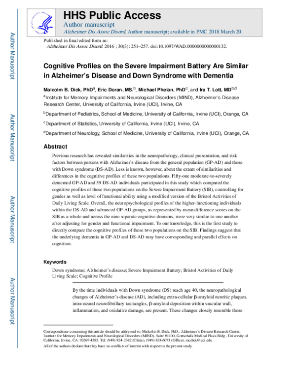 (PDF) Cognitive Profiles on the Severe Impairment Battery Are Similar ...