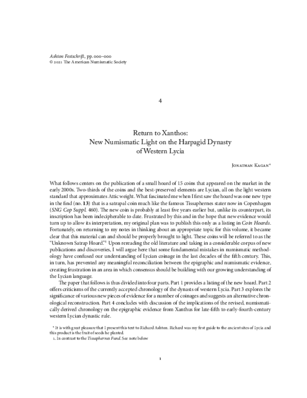 (PDF) Return to Xanthos. New Numismatic Light on the Harpagid Dynasty ...