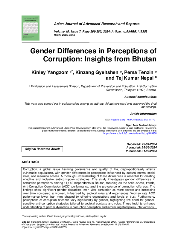 (PDF) Gender Differences in Perceptions of Corruption: Insights from Bhutan