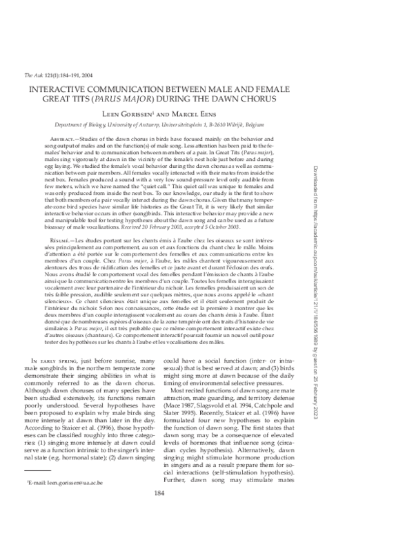 (PDF) Interactive Communication Between Male and Female Great Tits ...