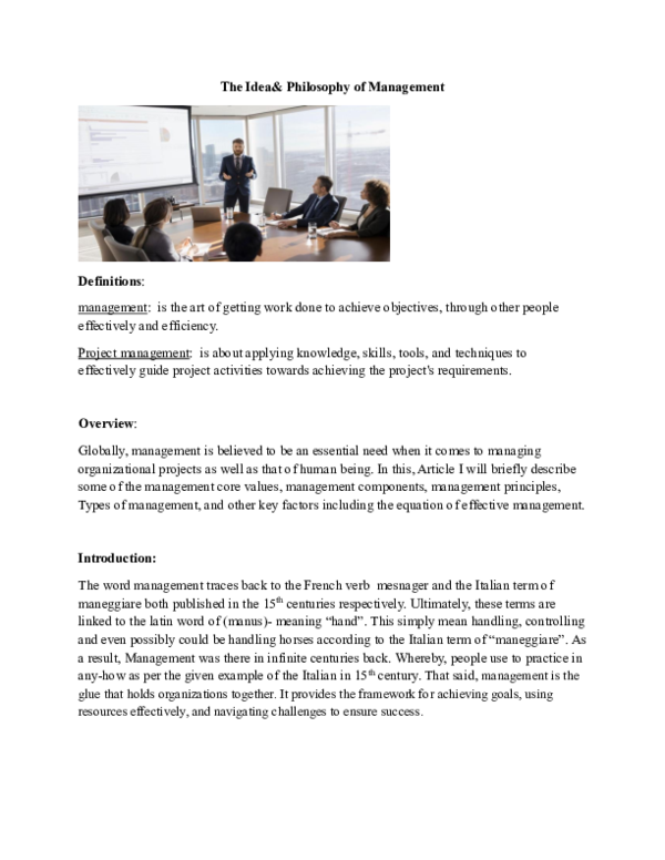 (PDF) The Idea& Philosophy of Management Definitions: management: is ...