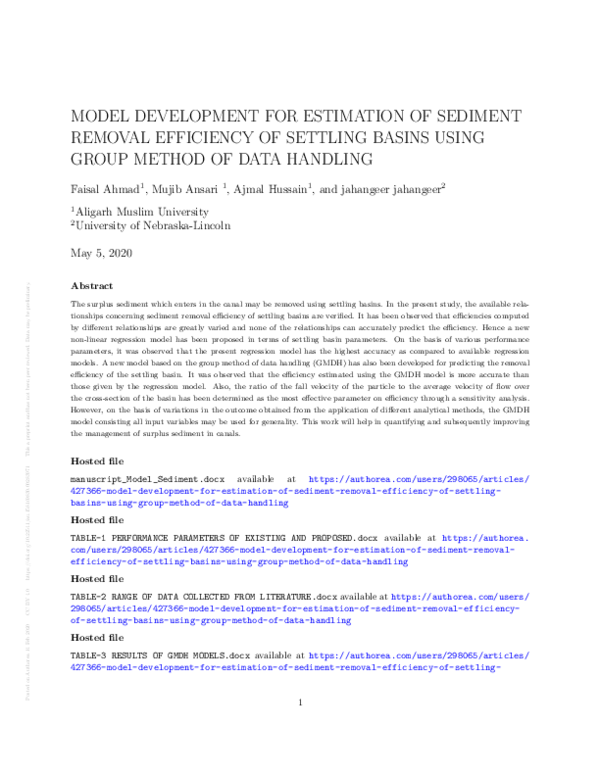 (PDF) Model Development for Estimation of Sediment Removal Efficiency of Settling Basins Using ...
