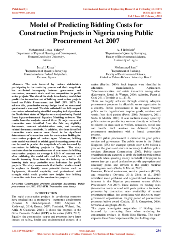(PDF) Model of Predicting Bidding Costs for Construction Projects in Nigeria using Public ...