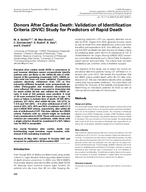 (PDF) Donors After Cardiac Death: Validation of Identification Criteria (DVIC) Study for ...