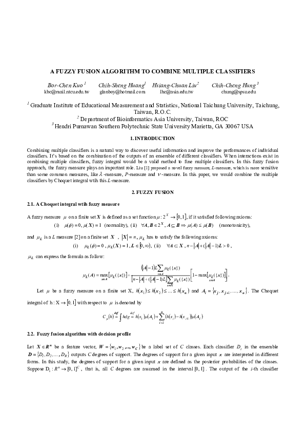 Pdf A Fuzzy Fusion Algorithm To Combine Multiple Classifiers 
