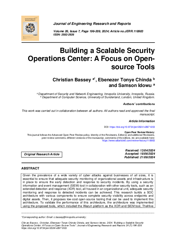 (PDF) Building a Scalable Security Operations Center: A Focus on Opensource Tools