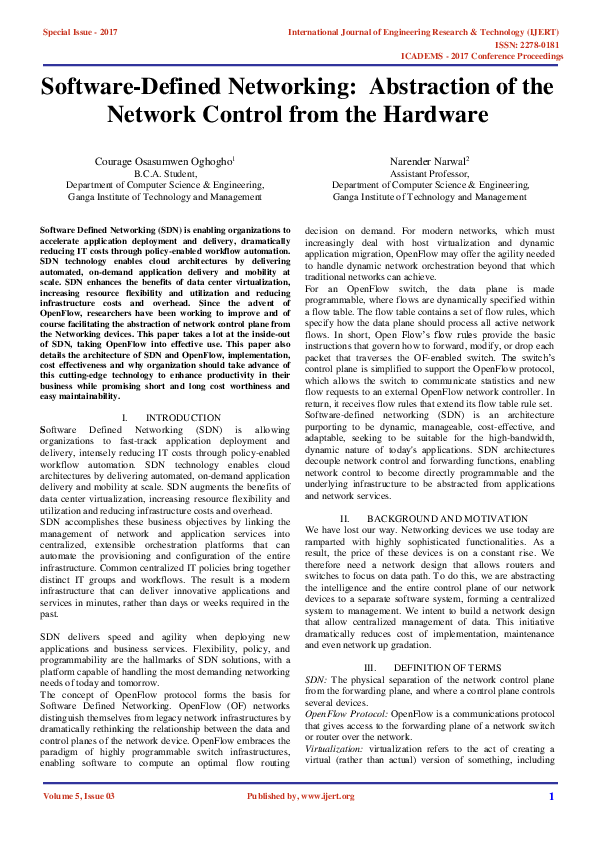 (PDF) Software-Defined Networking: Abstraction of the Network Control from the Hardware
