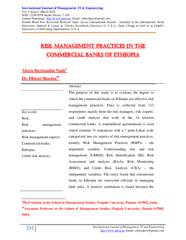 (PDF) Risk management practices in the commercial banks of Ethiopia