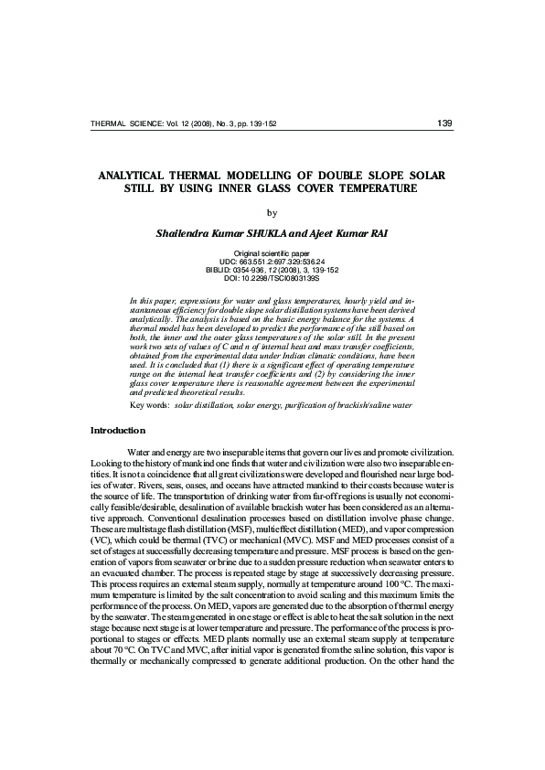 (PDF) Thermal Modeling of Double Slope Solar Still