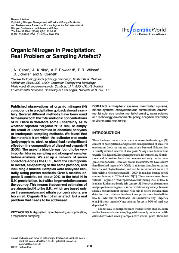 (PDF) Organic Nitrogen in Precipitation: Real Problem or Sampling Artefact?