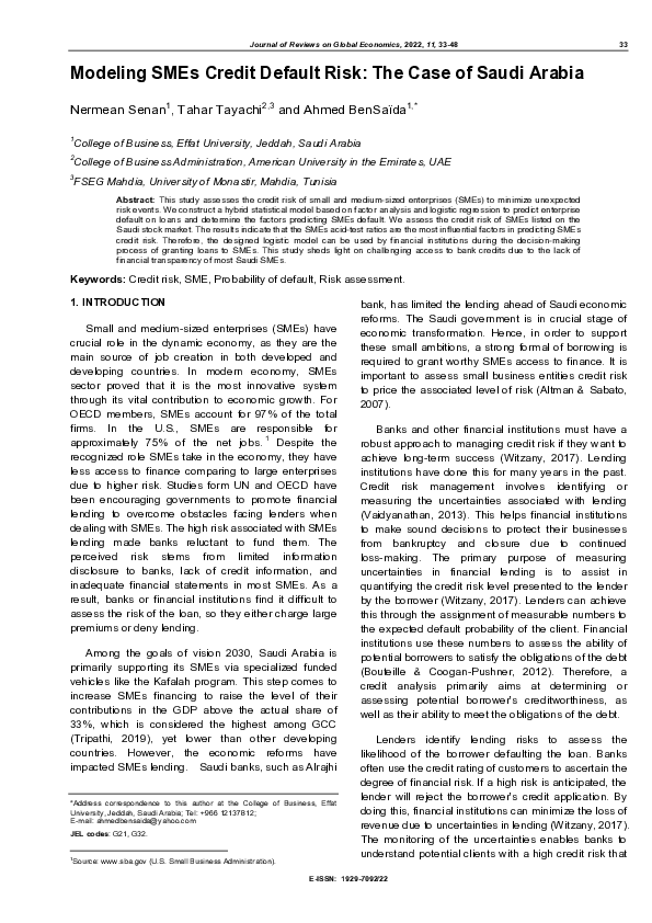 (PDF) Modeling SMEs Credit Default Risk: The Case of Saudi Arabia