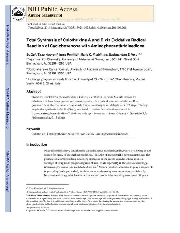 (PDF) Total synthesis of calothrixins A and B via oxidative radical ...