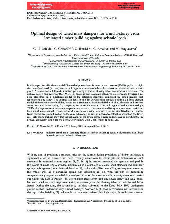 (PDF) Optimal design of tuned mass dampers for a multi-storey cross laminated timber building ...