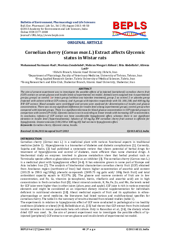 (PDF) Cornelian cherry (Cornus mas L.) Extract affects Glycemic status in Wistar rats