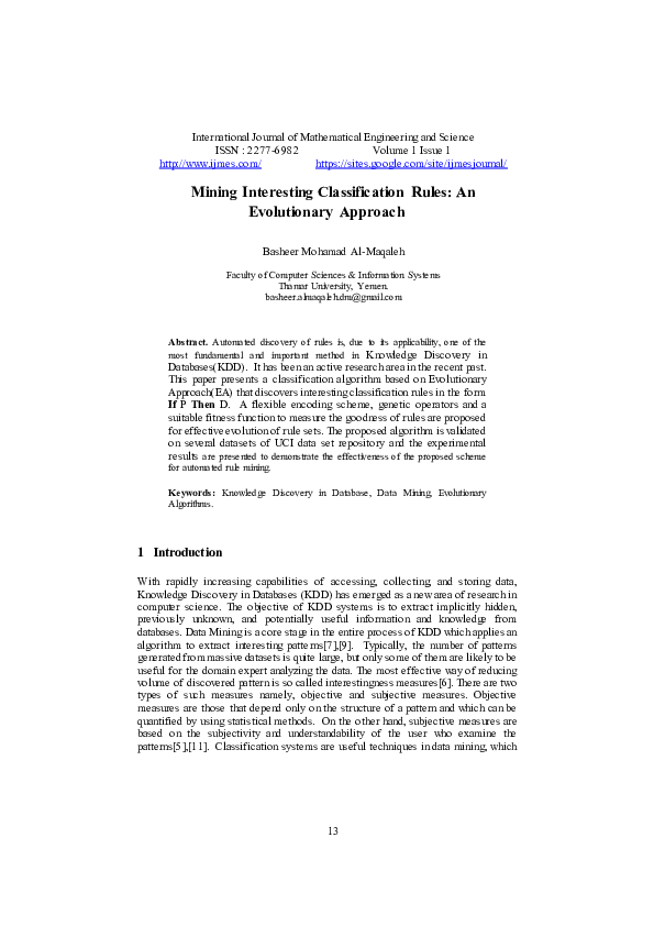 (PDF) Mining Interesting Classification Rules: An Evolutionary Approach