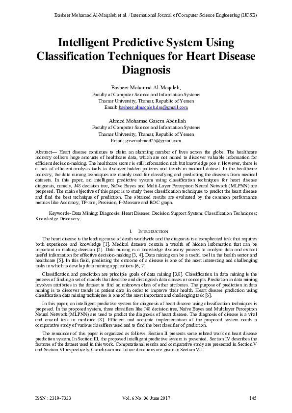(PDF) Intelligent Predictive System Using Classification Techniques for Heart Disease Diagnosis
