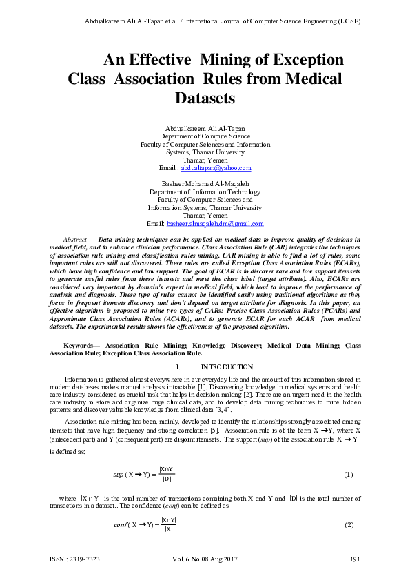 (PDF) An Effective Mining of Exception Class Association Rules from Medical Datasets