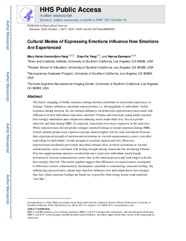 Cultural modes of expressing emotions influence how emotions are ...