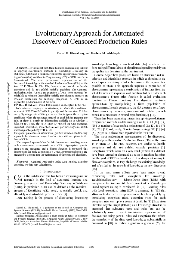 (PDF) Evolutionary Approach For Automated Discovery Of Censored Production Rules