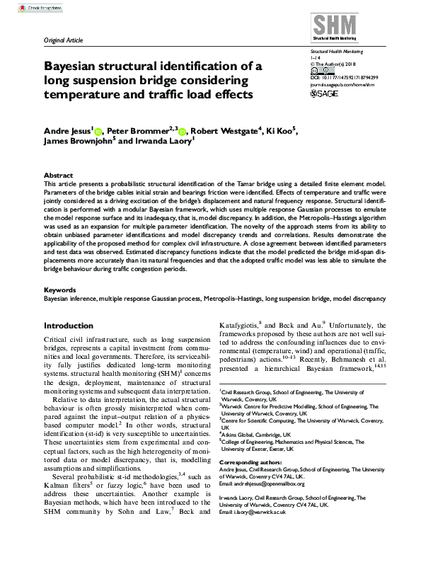 (PDF) Bayesian structural identification of a long suspension bridge considering temperature and ...