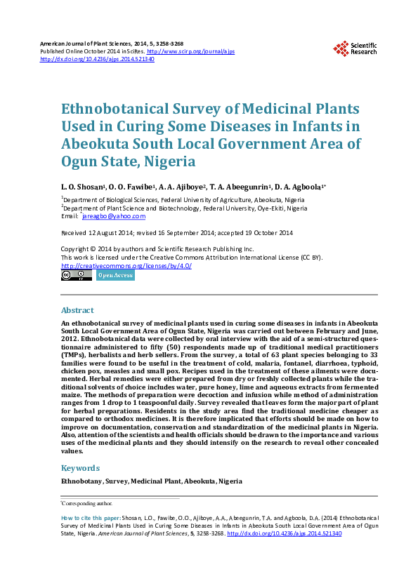 (PDF) Ethnobotanical Survey of Medicinal Plants Used in Curing Some Diseases in Infants in ...