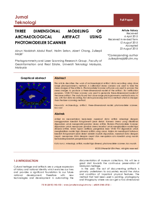(PDF) Three Dimensional Modeling of Archaeological Artifact Using Photomodeler Scanner
