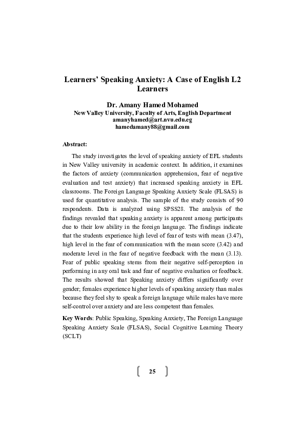 (PDF) Learners' Speaking Anxiety: A Case of English L2 Learners