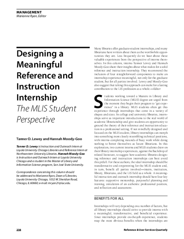 (PDF) Management: Designing a Meaningful Reference and Instruction Internship: The MLIS Student ...