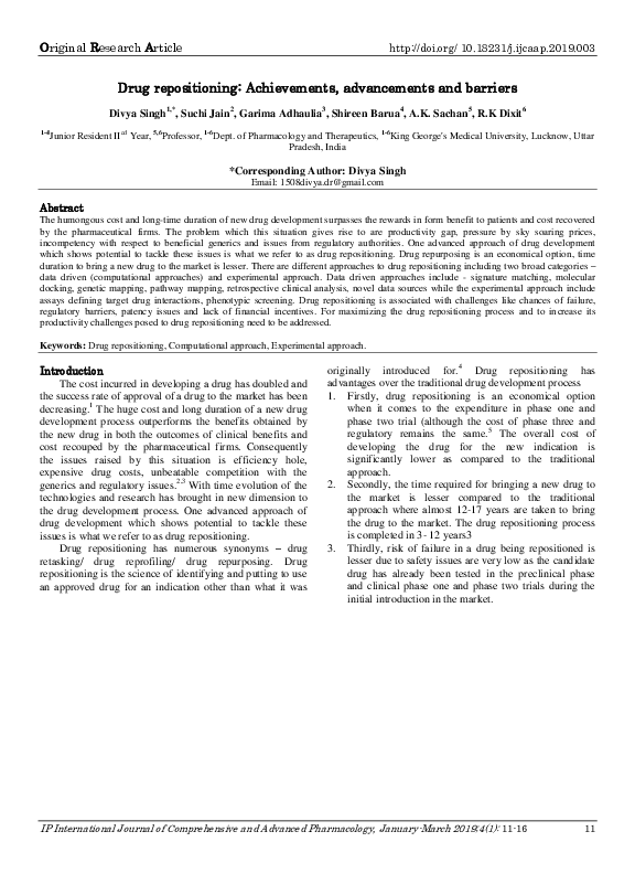 (PDF) Drug repositioning: Achievements, advancements and barriers