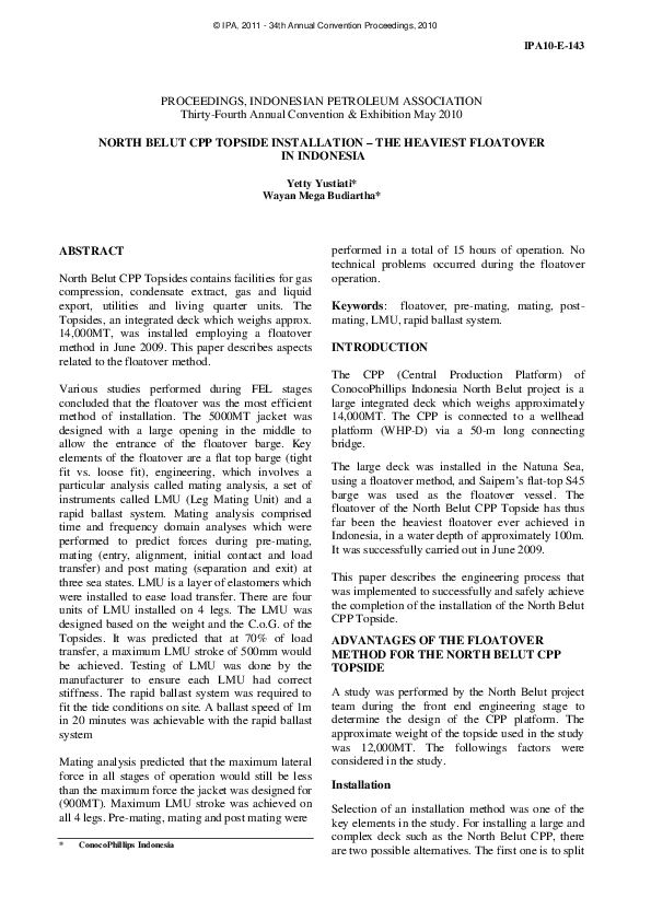 (PDF) North Belut CPP Topside Installation – the Heaviest Floatover in ...