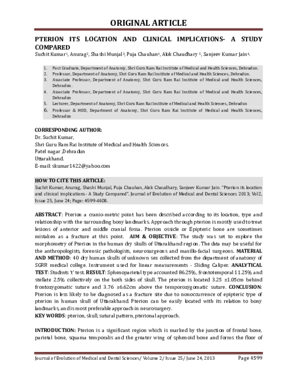 (PDF) Pterion Its Location and Clinical Implications- a Study Compared