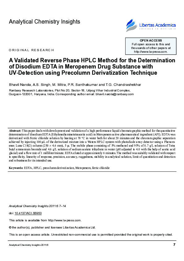 Pdf A Validated Reverse Phase Hplc Method For The Determination Of Disodium Edta In Meropenem