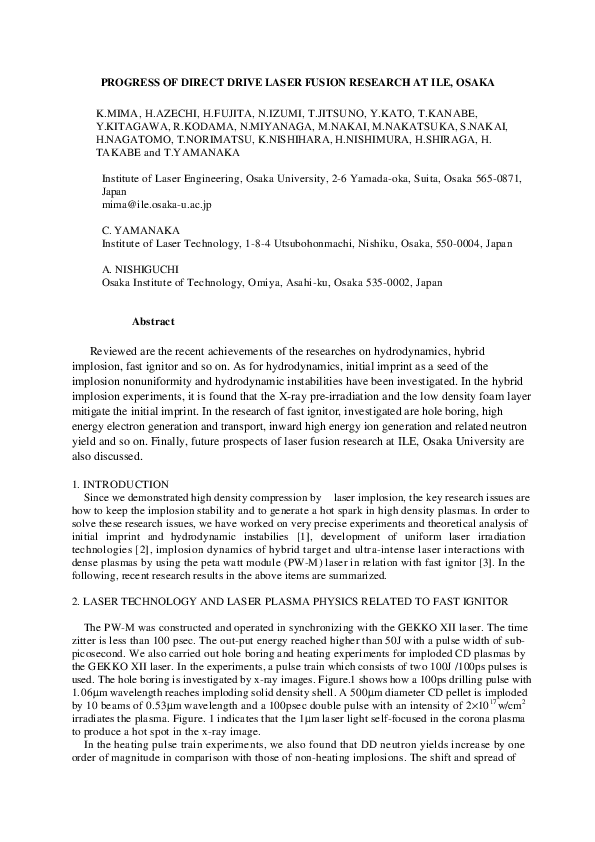 (PDF) Progress of direct drive laser fusion research at ILE, Osaka