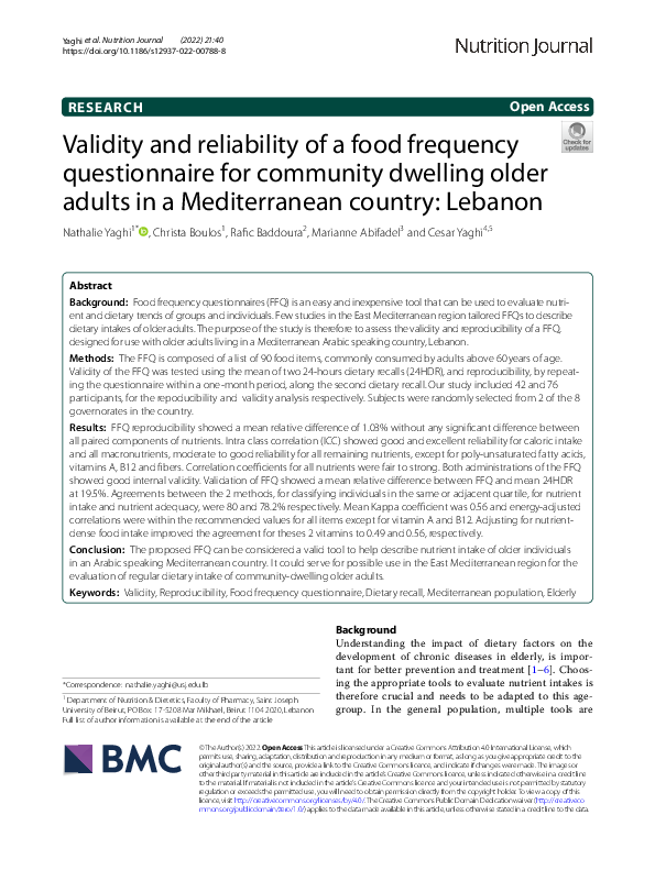 (PDF) Validity and reliability of a food frequency questionnaire for community dwelling older ...