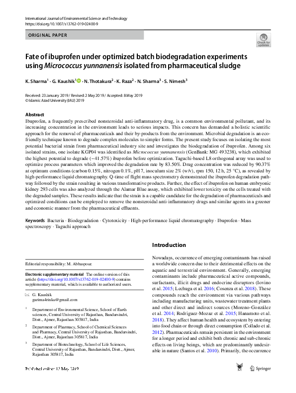 (PDF) Fate of ibuprofen under optimized batch biodegradation ...