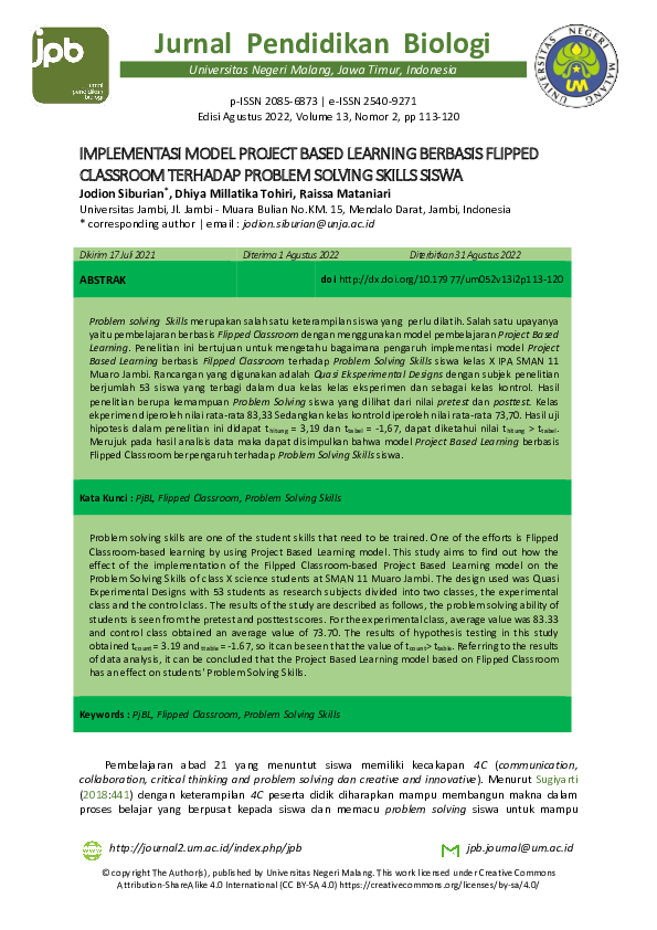 (PDF) Implementasi Model Project Based Learning Berbasis Flipped Classroom Terhadap Problem ...