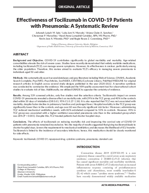(PDF) Effectiveness of Tocilizumab in COVID-19 Patients with Pneumonia: A Systematic Review