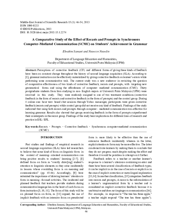 (PDF) A comparative study of the effect of recasts and prompts in synchronous computer-mediated ...