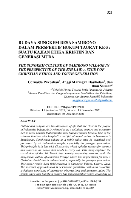 (PDF) Budaya Sungkem Desa Samirono dalam Perspektif Hukum Taurat ke-5: Suatu Kajian Etika ...