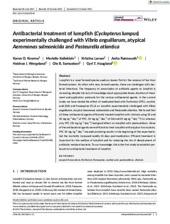 (PDF) Antibacterial treatment of lumpfish (Cyclopterus lumpus ...