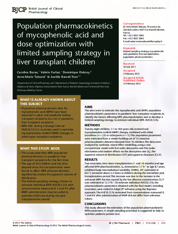 (PDF) Population pharmacokinetics of mycophenolic acid and dose optimization with limited ...